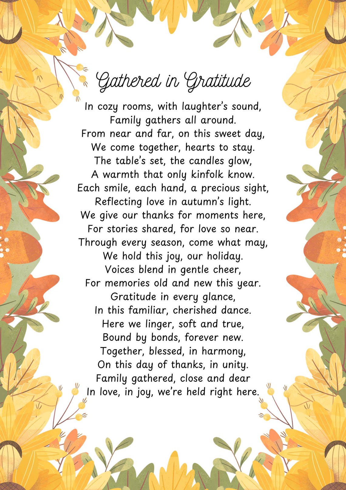 Gathered in Gratitude Thanksgiving Poem 8.5x11 & A4 Portrait - Etsy