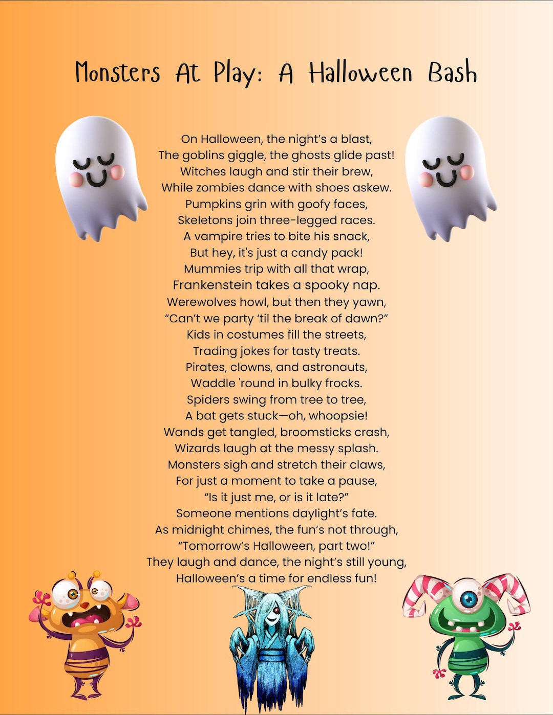 Monsters at Play Halloween Printable Poem 8.5x11 & A5 Sizes - Etsy