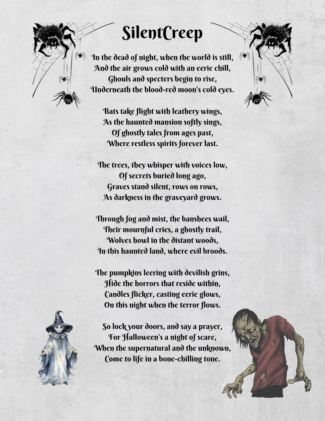 Silent Creep Scary Halloween Poem Printable 8.5 X 11 - Etsy