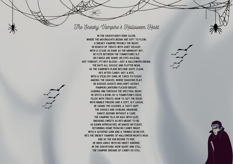 A Sneaky Vampire's Halloween Heist Printable Poem Available in 8.5x11 ...