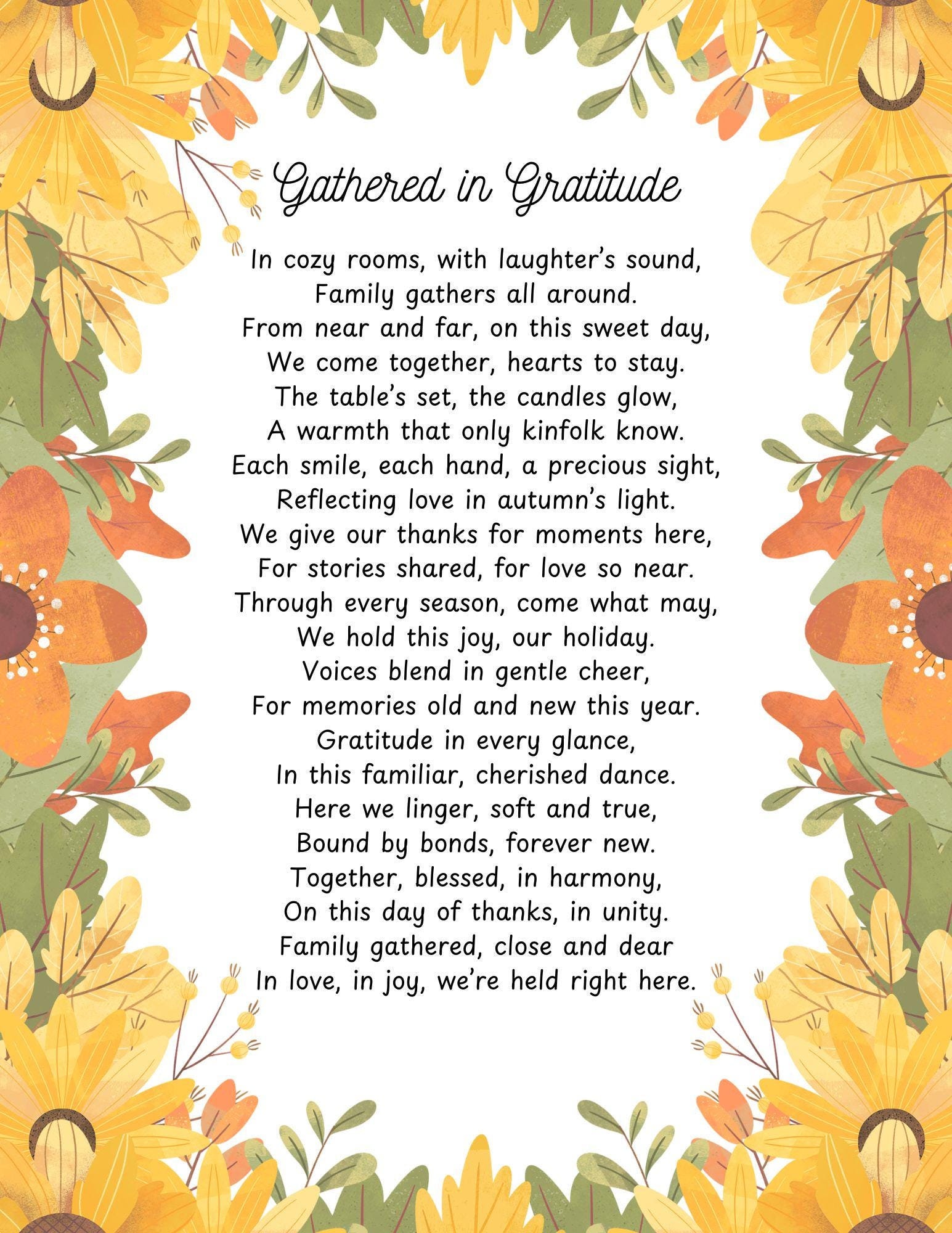 Gathered in Gratitude Thanksgiving Poem 8.5x11 & A4 Portrait - Etsy