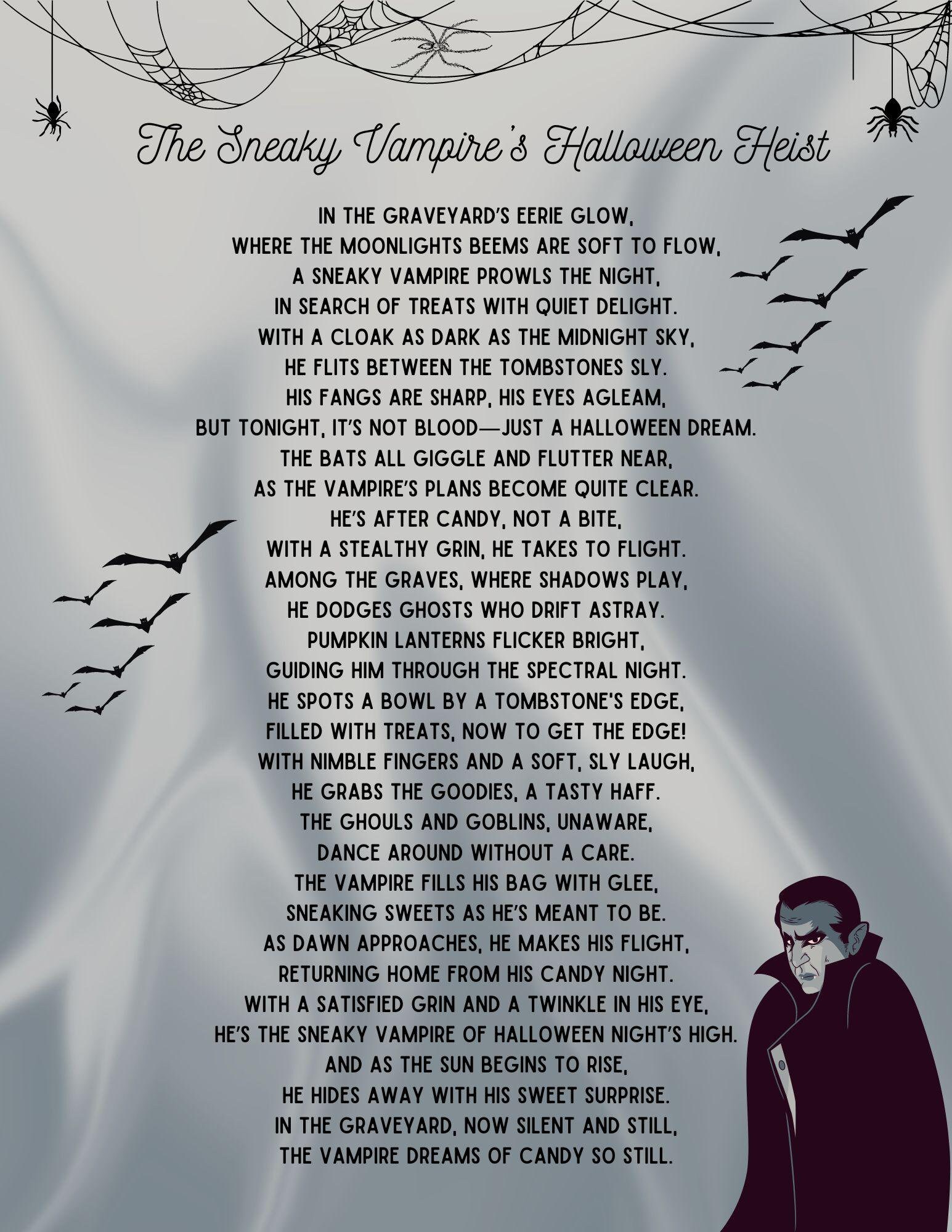 A Sneaky Vampire's Halloween Heist Printable Poem Available in 8.5x11 ...