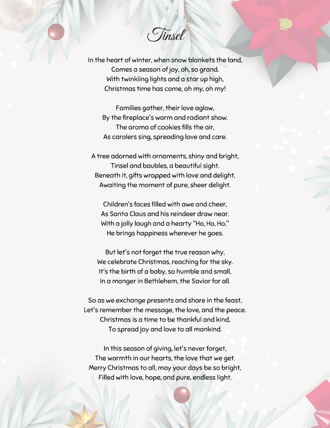 Tinsel A Printable Christmas Poem 8.5 X 11 - Etsy