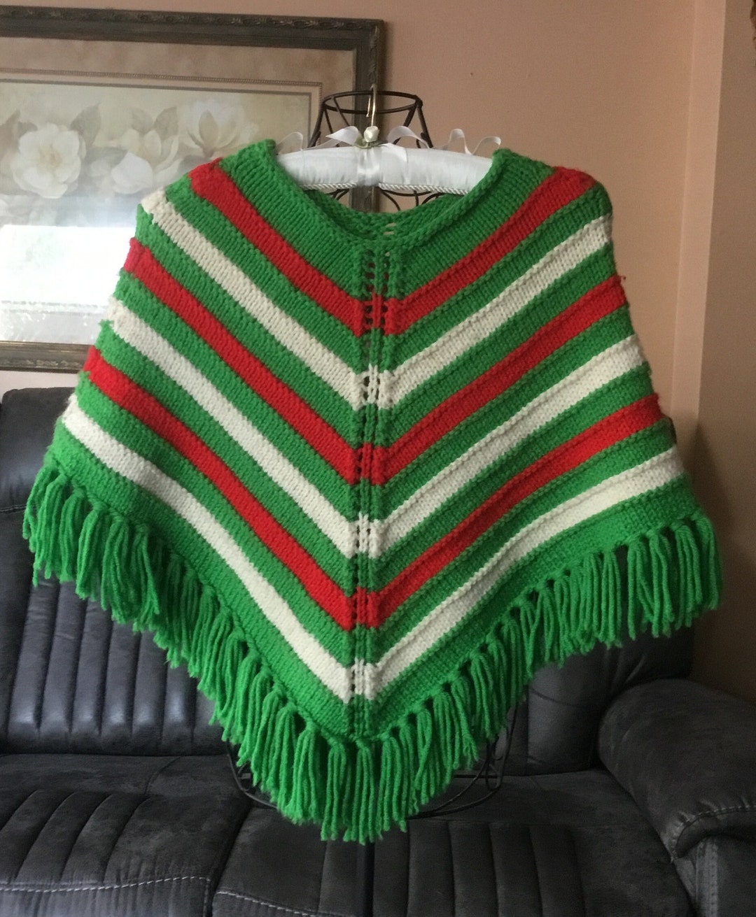 Vintage Knit Poncho Green Red White Handmade Cape Wrap - Etsy