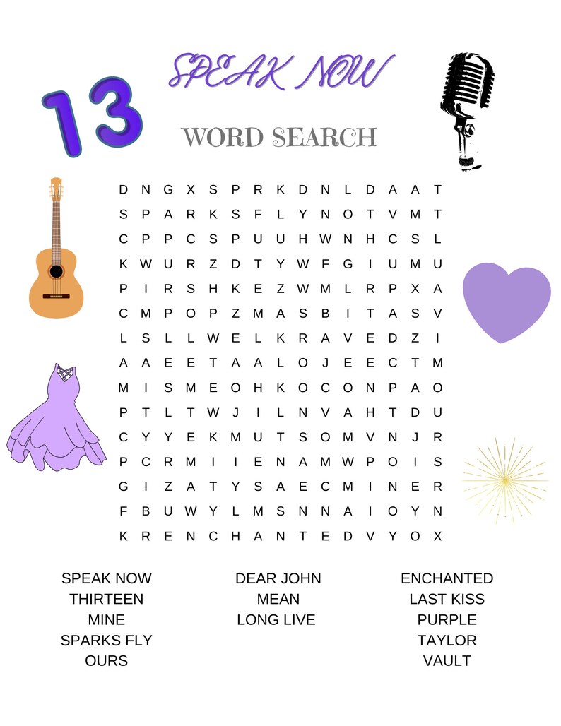 Taylor Swift Speak Now Word Search: Color or Black and White - Etsy