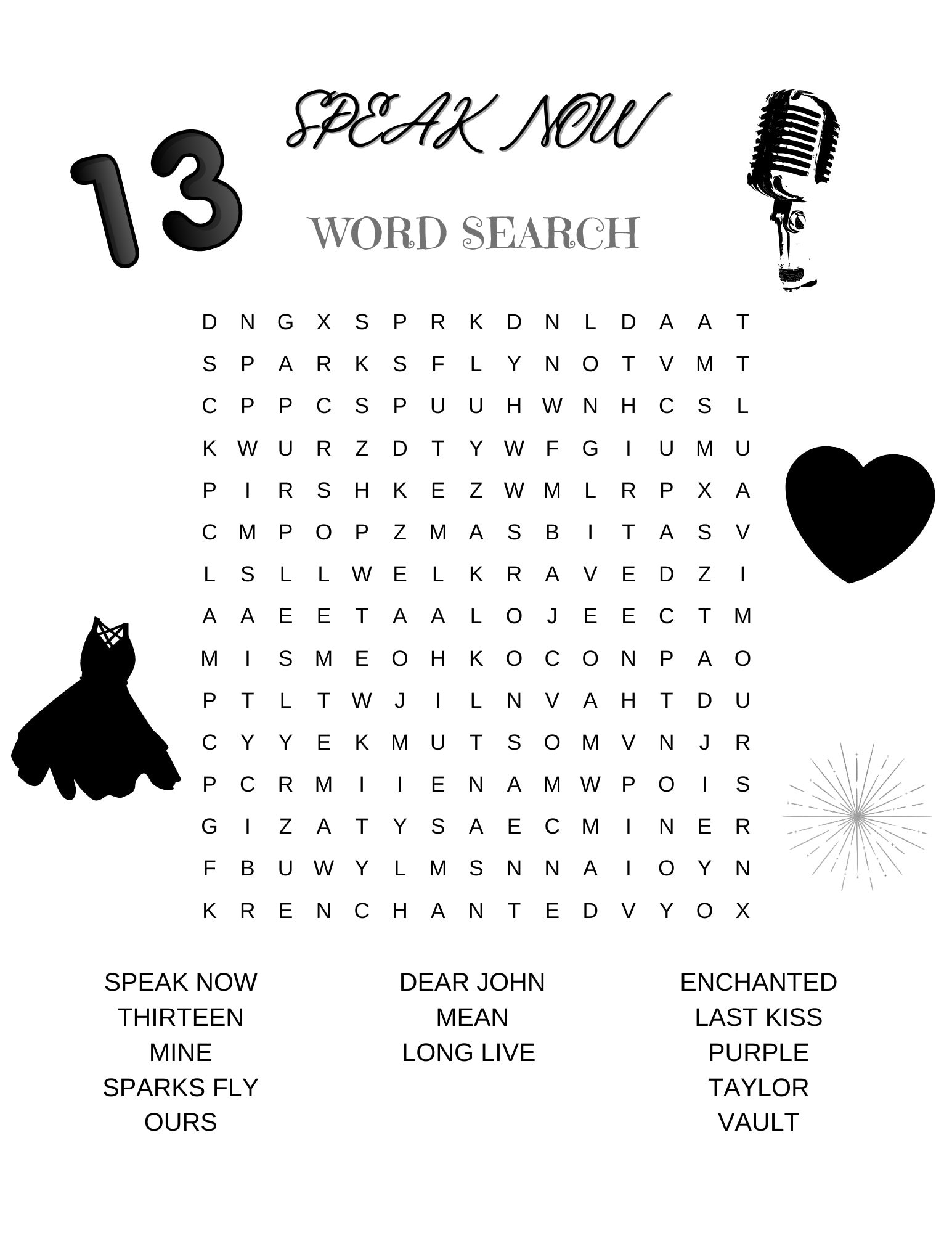 Taylor Swift Speak Now Word Search: Color or Black and White - Etsy