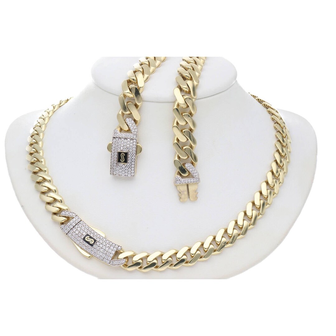 10 Karat Gold Set Monaco Chain With Bracelet 8 Mm With Lock With Stones ...