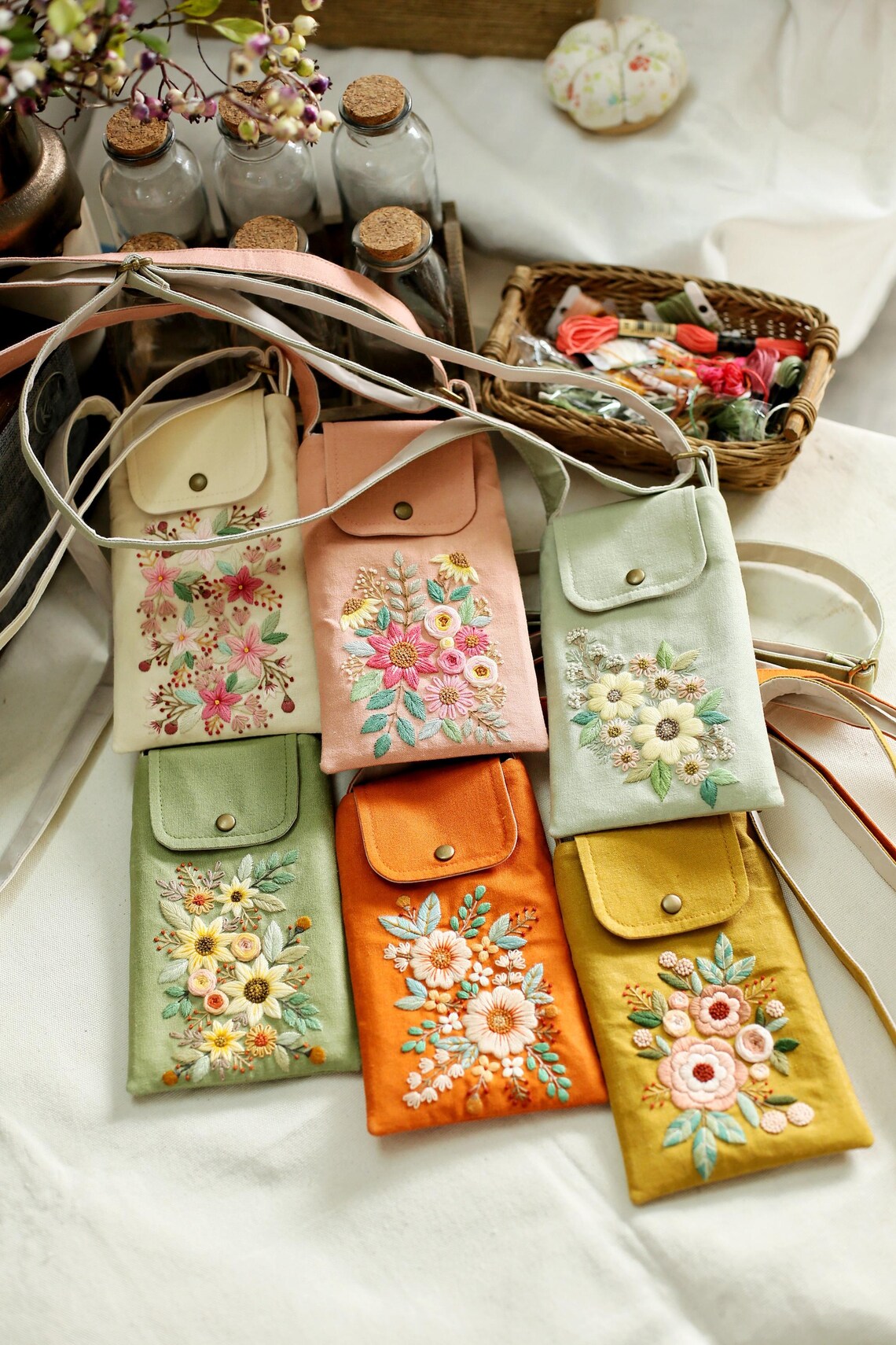 Handmade Embroidered Crossbody Phone Bag: Wildflower Linen Pouch ...