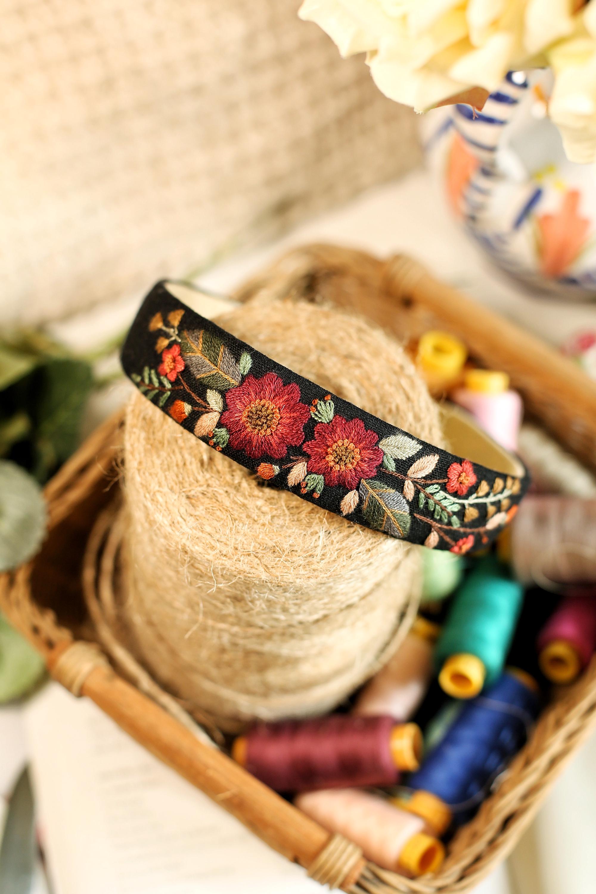 Floral Embroidered Headband, Vintage Boho Hair Accessories, Linen ...