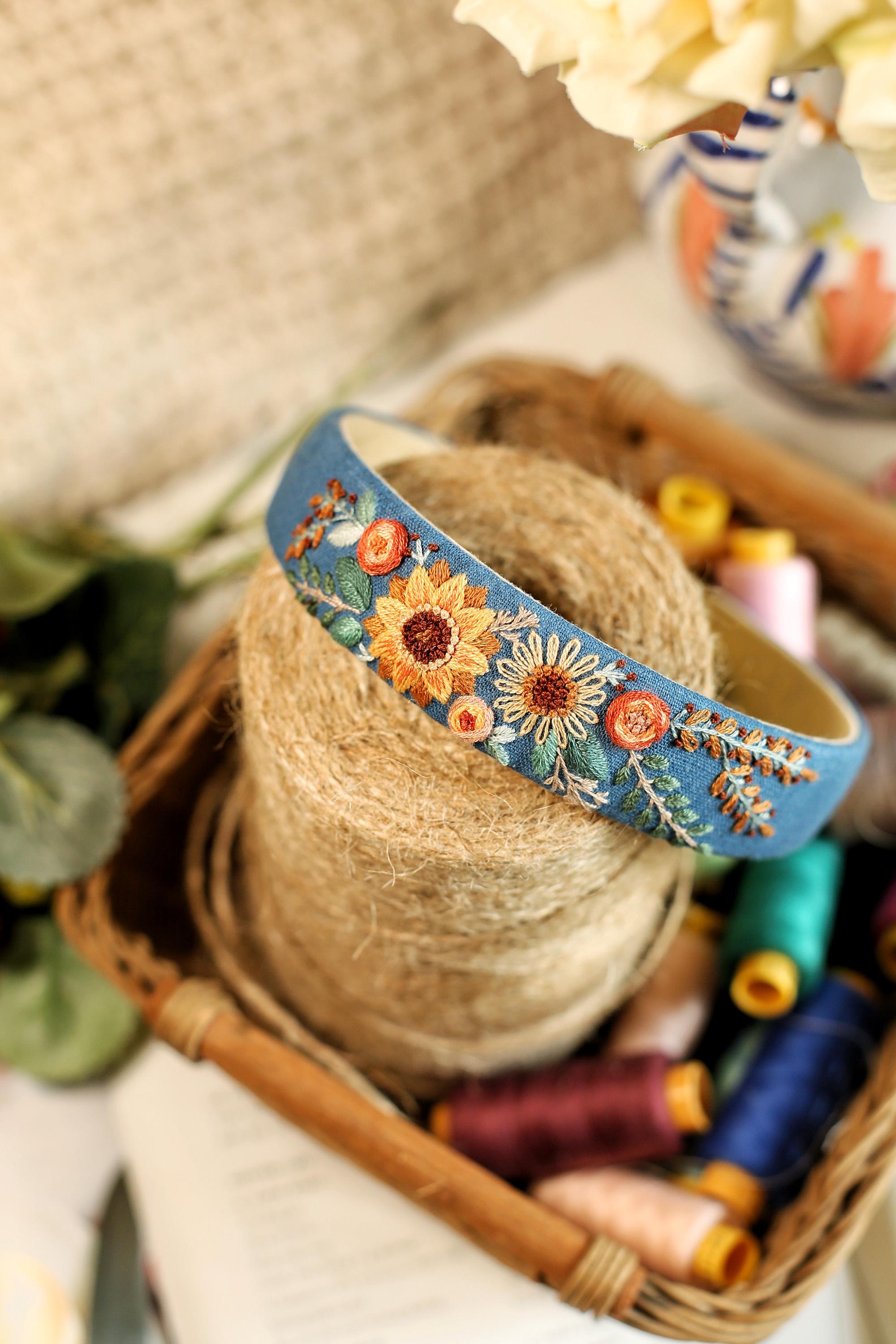 Floral Embroidered Headband, Vintage Boho Hair Accessories, Linen ...