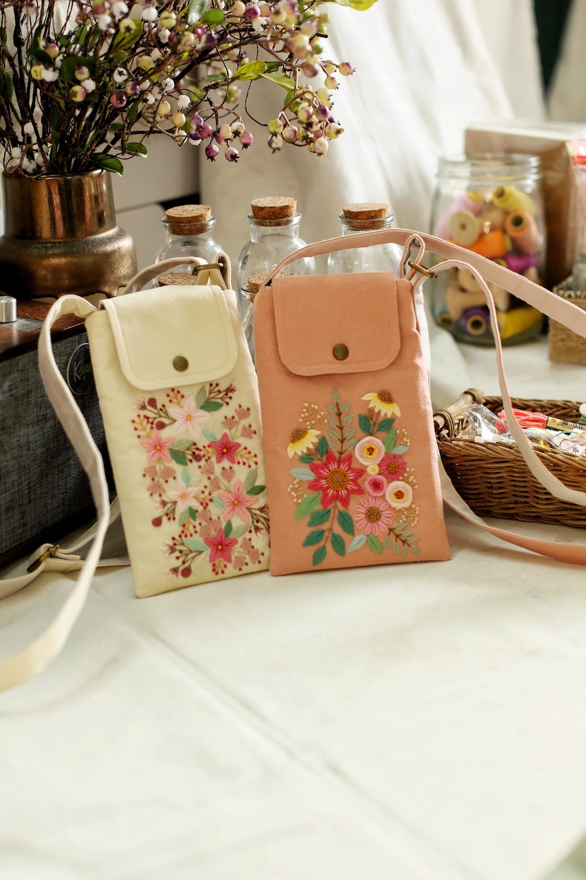 Handmade Embroidered Crossbody Phone Bag: Wildflower Linen Pouch ...