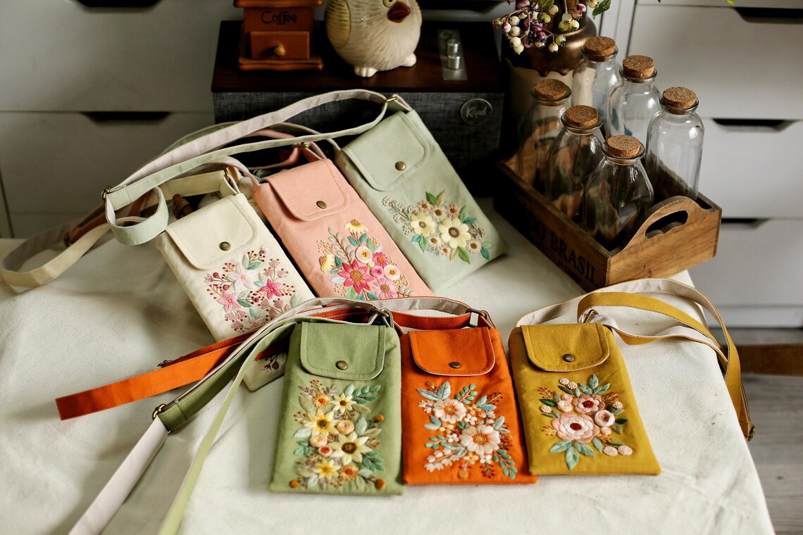 Handmade Embroidered Crossbody Phone Bag: Wildflower Linen Pouch ...