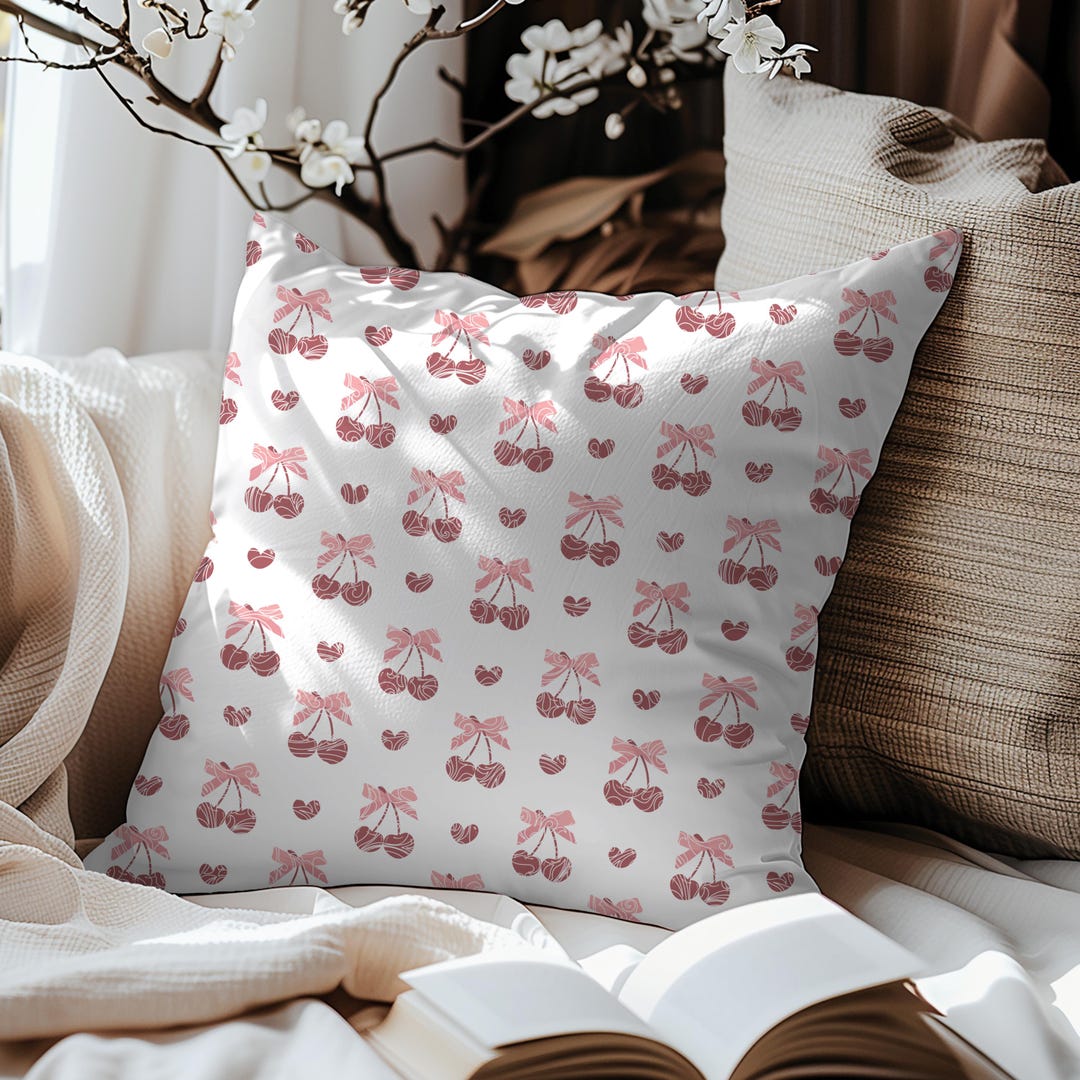 Cottagecore Cherry Pillow, Coquette Ribbon Bows, Blush Pink Red, Hearts ...