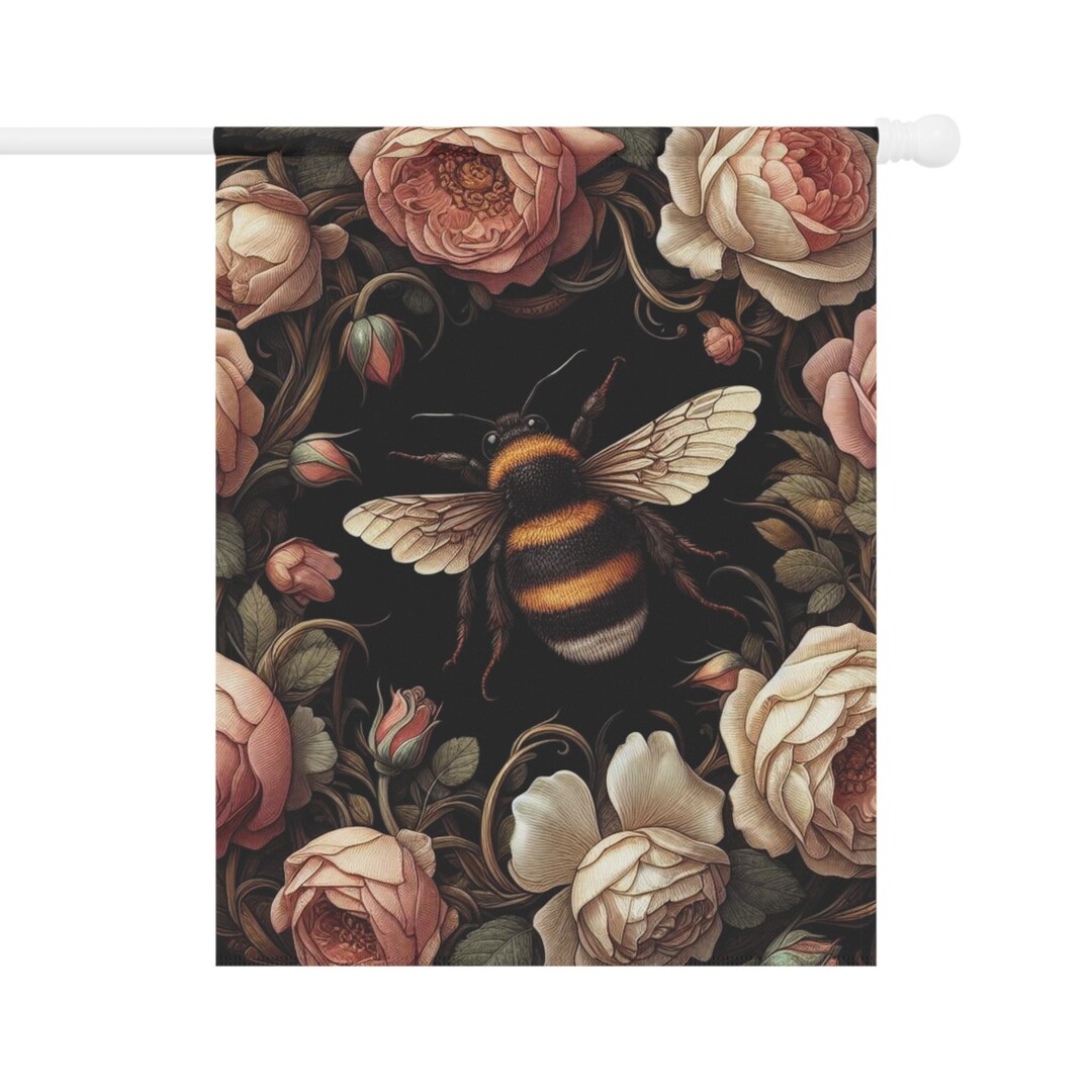 Bee Flag, Garden Art, Welcome Sign, Bumble Bee + Roses, Pollinators ...