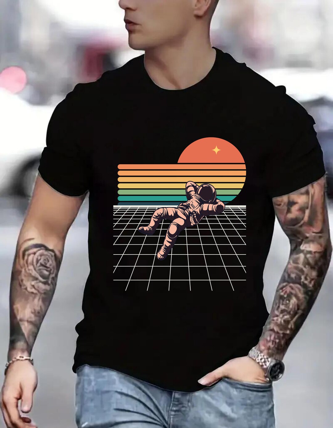 Retro Moon Sunset Floating Space Man T-shirt Moon Vibe - Etsy