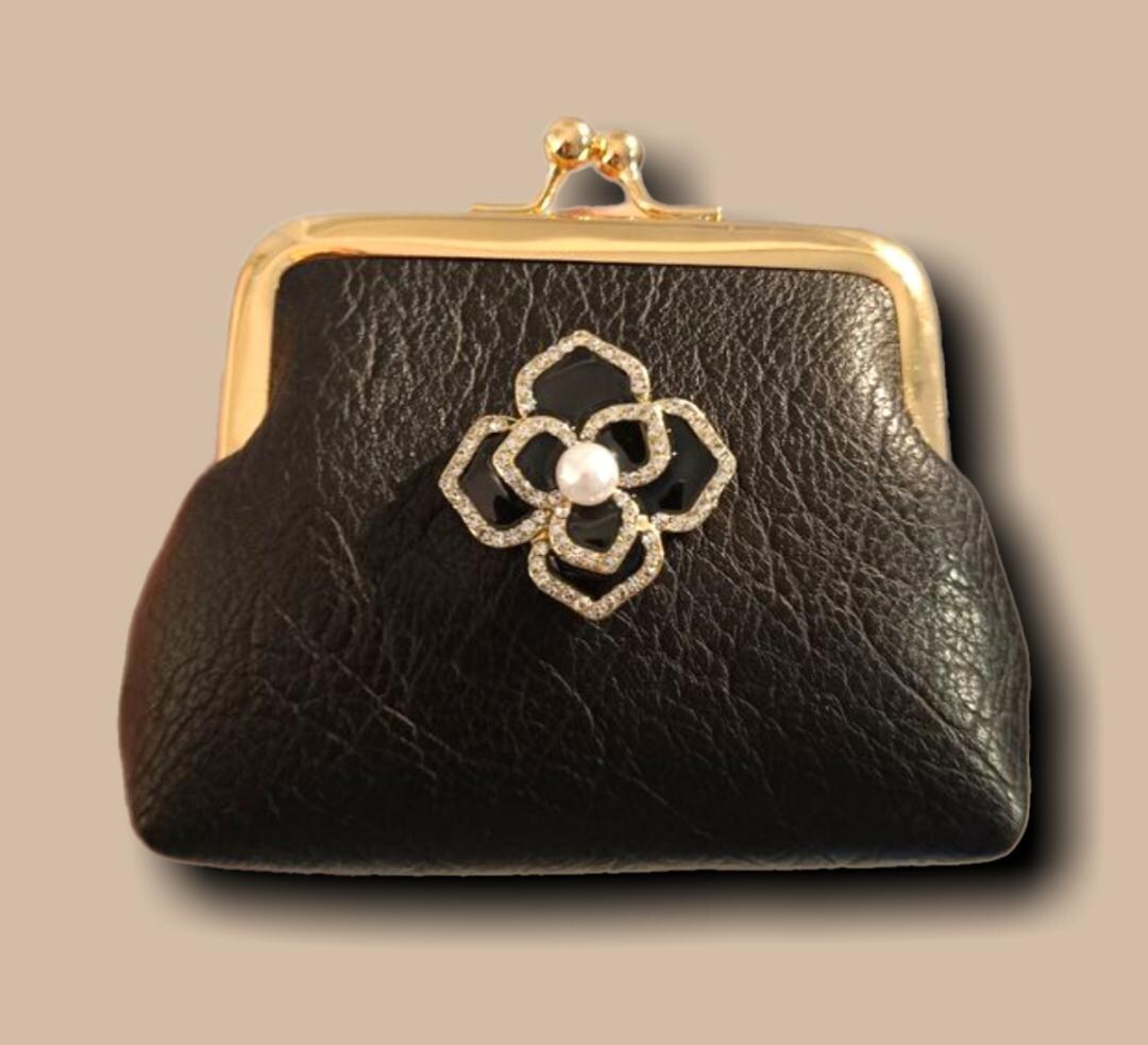 Very Beautiful 1930s Style Jewel Purse in Gold Color With Black Leather ...