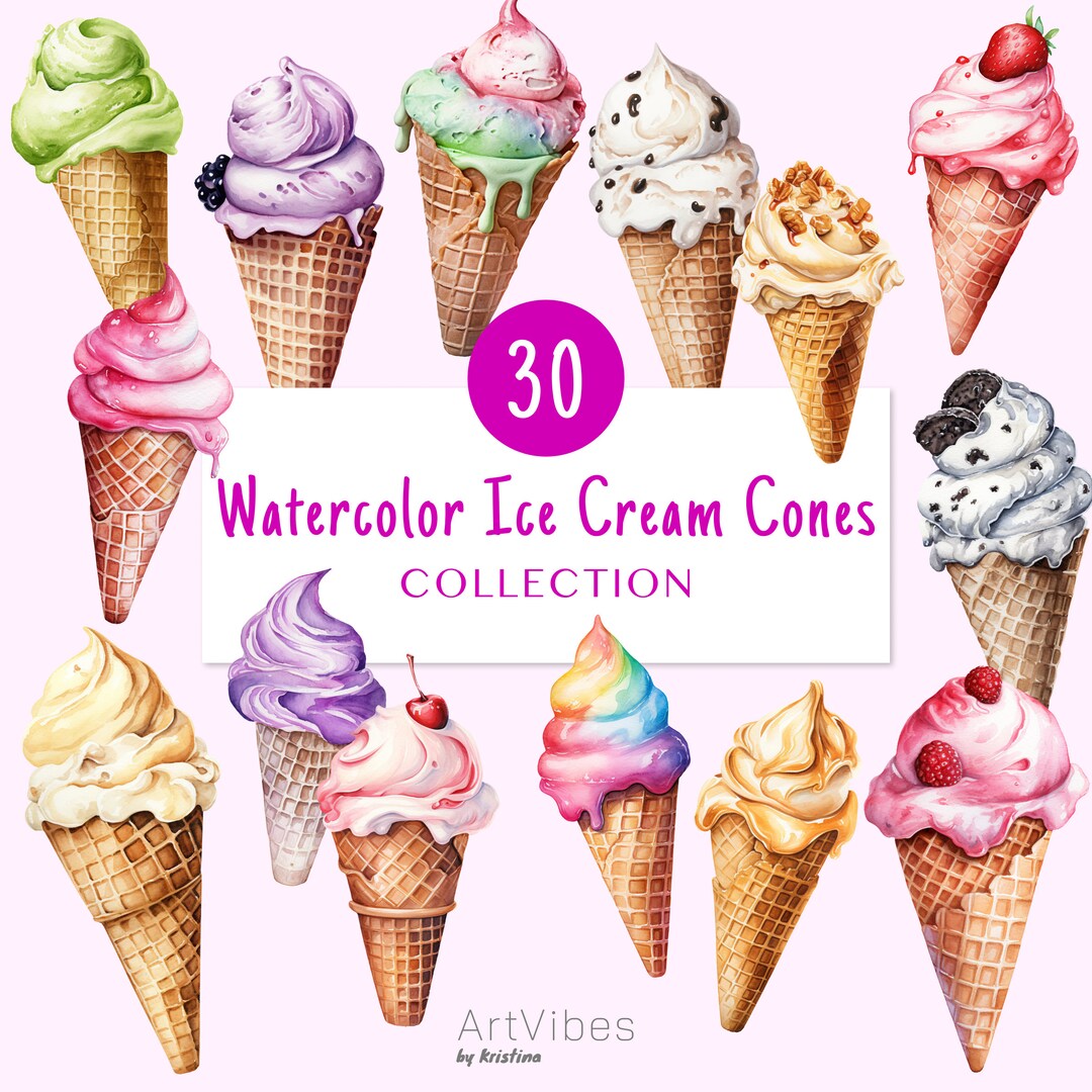 Watercolor Ice Cream Cones | Ice Cream Bundle | Ice Cream PNG | Ice ...