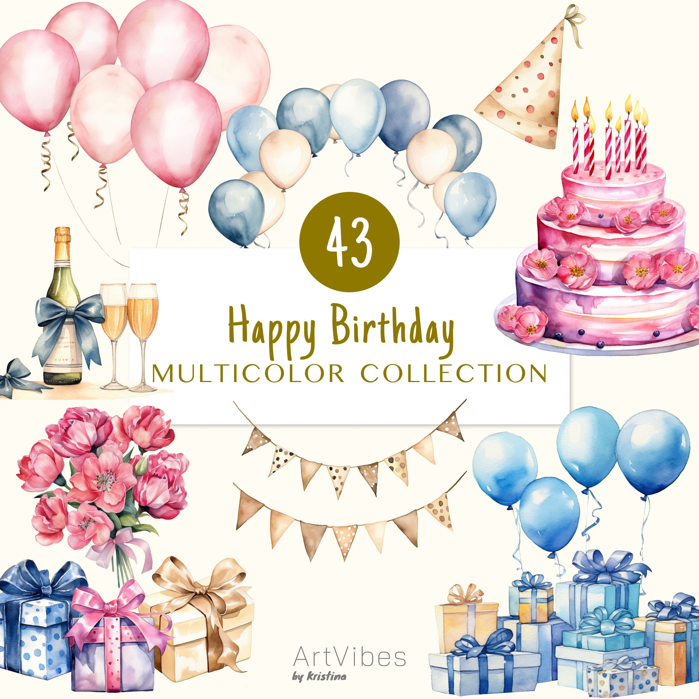 Watercolor Multicolor Happy Birthday Collection Party Bundle Birthday ...