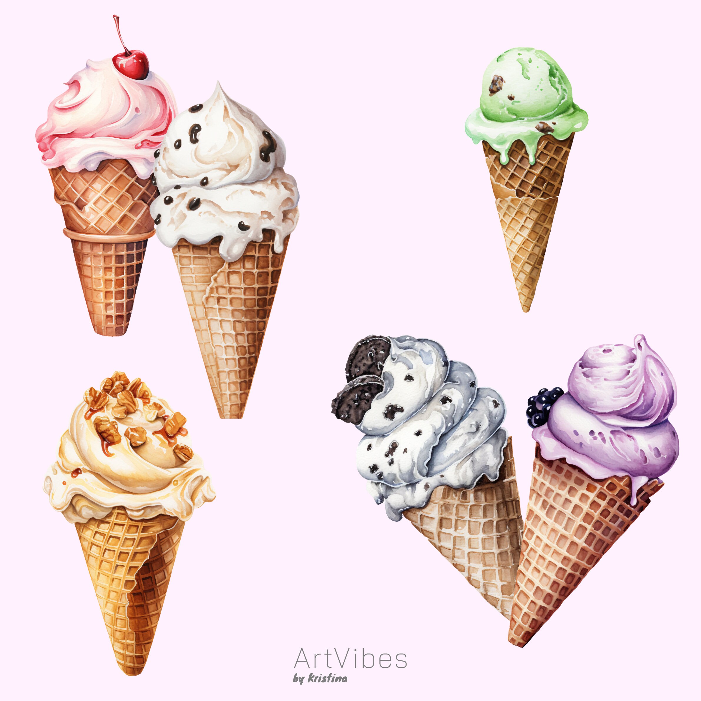 Watercolor Ice Cream Cones | Ice Cream Bundle | Ice Cream PNG | Ice ...