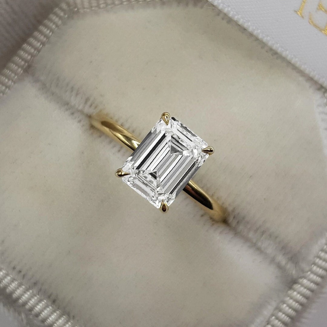 3.5 Ct Emerald Cut Lab Grown Diamond Engagement Ring, 14K Gold Wedding ...