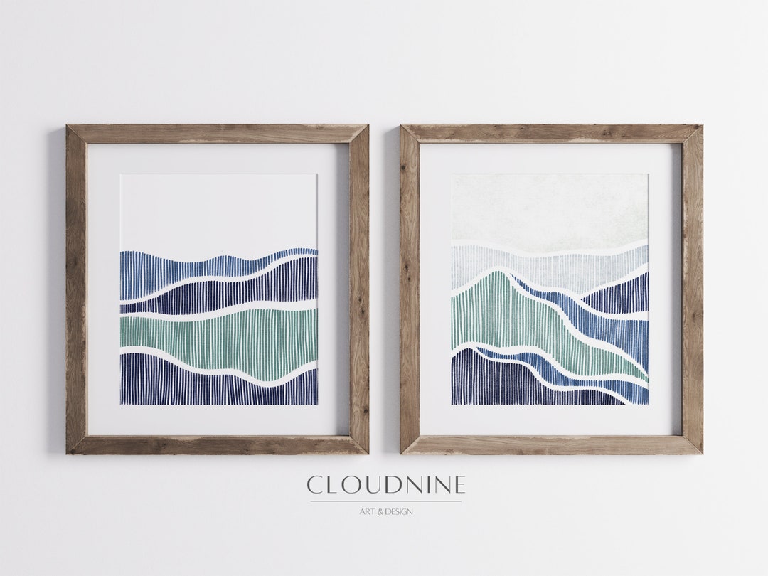 2 Piece Art Prints, Navy Blue Sea Green Wall Art, Line Design Wall Art ...