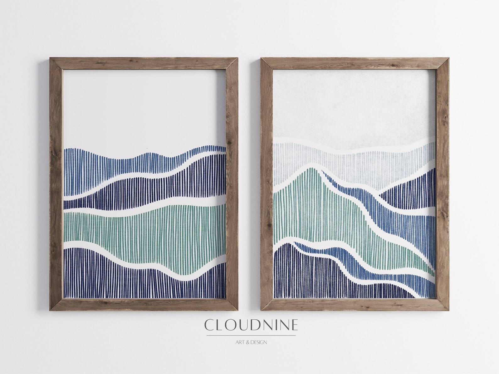 2 Piece Art Prints, Navy Blue Sea Green Wall Art, Line Design Wall Art ...