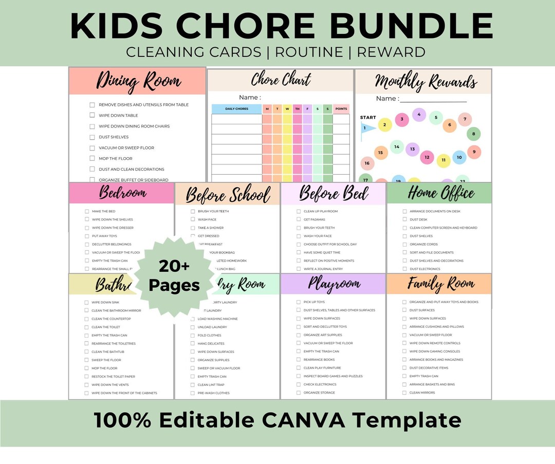 Editable Chore Chart for Kids With Cleaning Schedule Rewards Chart ...