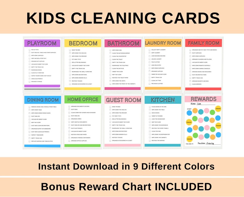 Kids Cleaning Cards, Printable Cleaning Checklist by Room, Zone ...