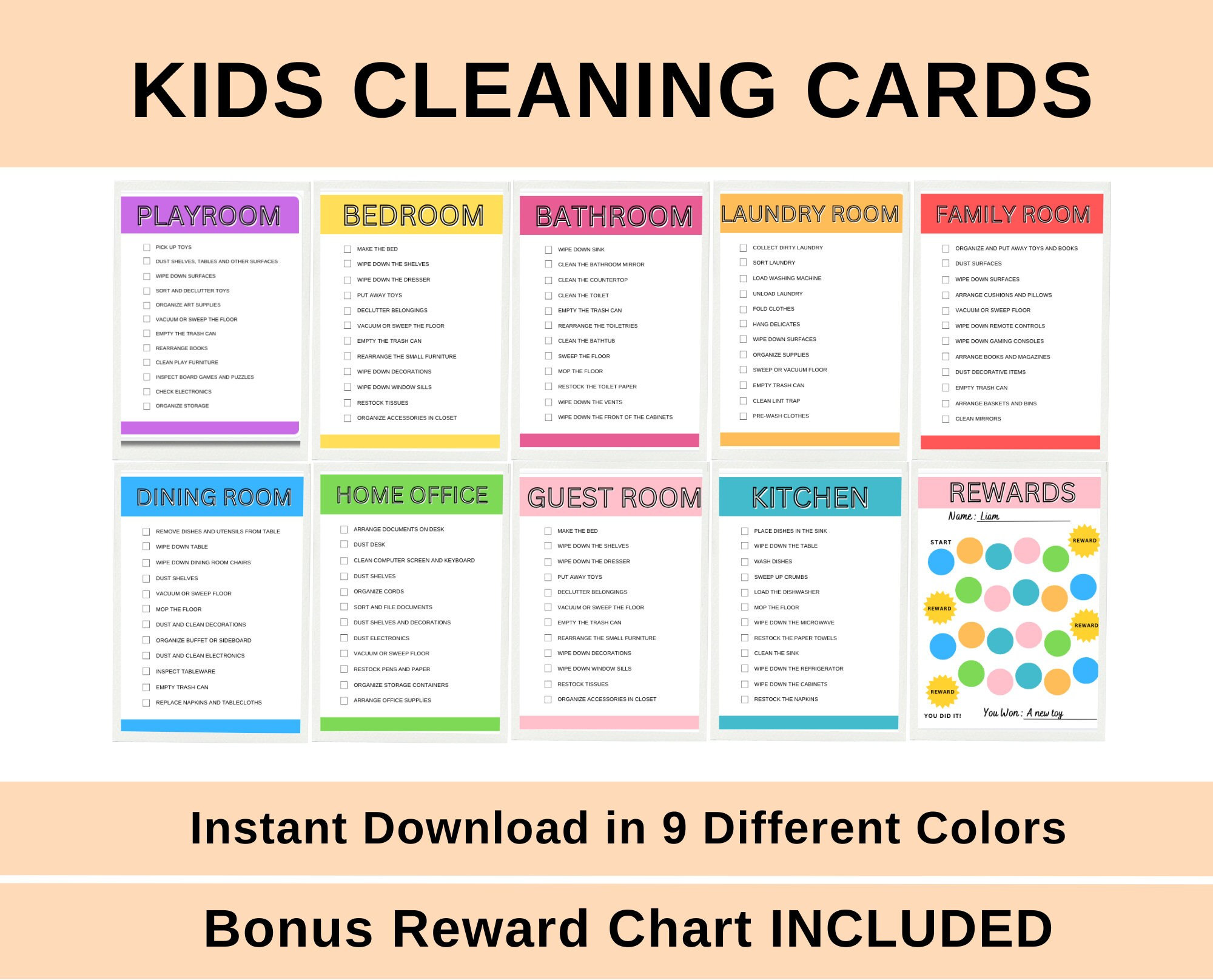 Kids Cleaning Cards, Printable Cleaning Checklist by Room, Zone ...