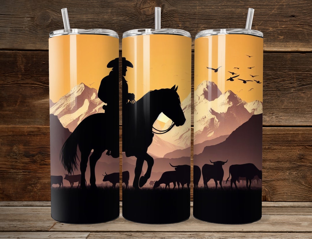 Customizable Rancher Silhouette Tumbler Has Cattle and Mountains Great ...