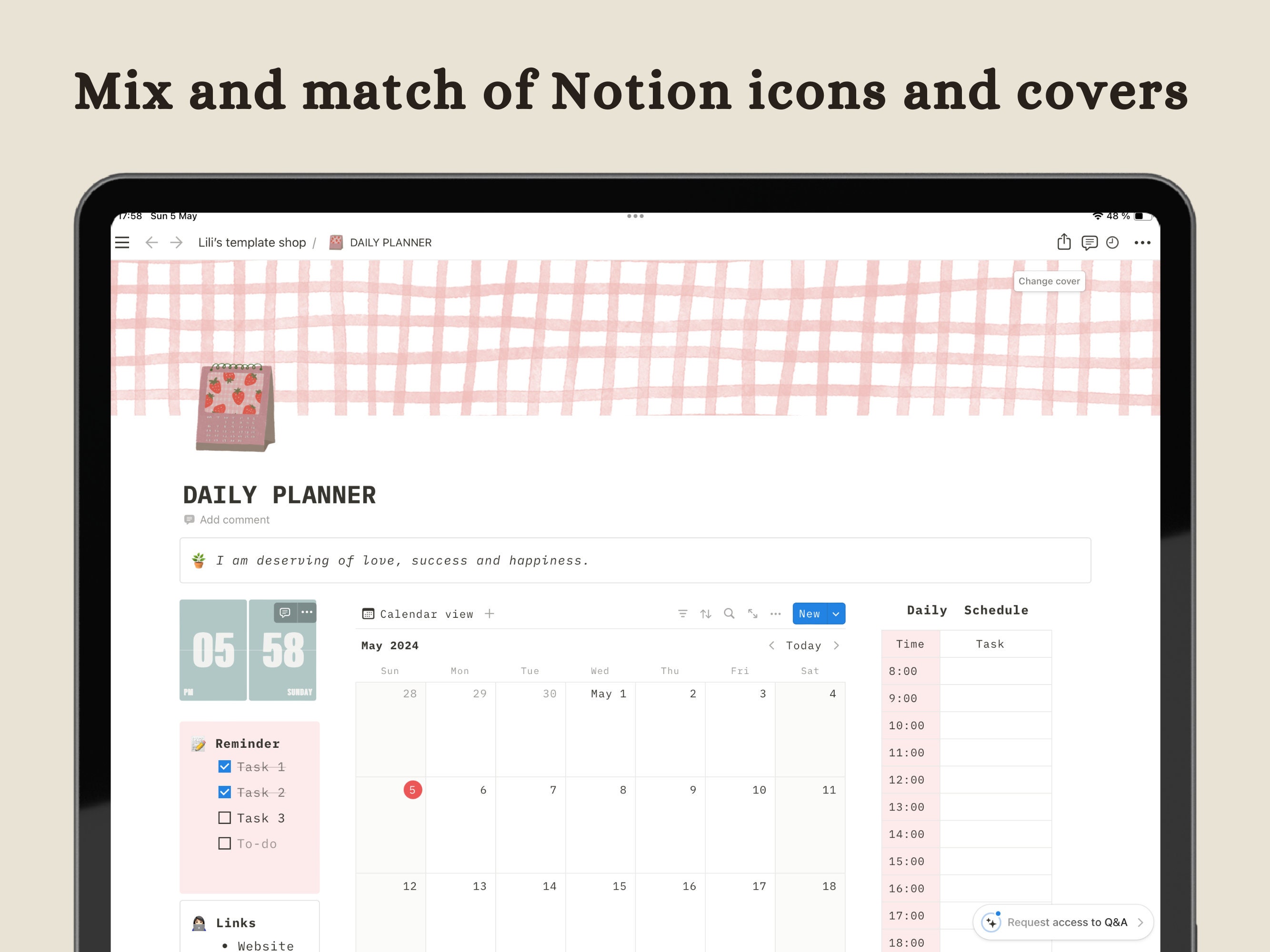 Hand Drawn Calendar Themed Notion Icons Watercolor Checker Notion ...