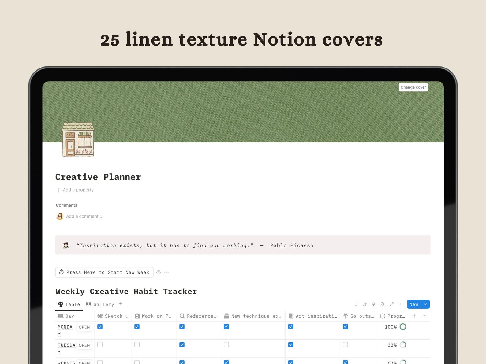 Hand Drawn Cafe Themed Notion Icons | Linen Texture Notion Covers Pack ...
