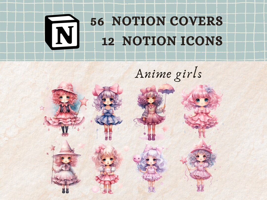 Cute Anime Girl Notion Icons for Notion Templates｜ 56 Watercolor and ...