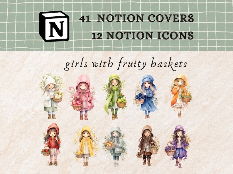 Girls With Fruity Baskets Themed Notion Icons ｜gingham Notion Covers ...