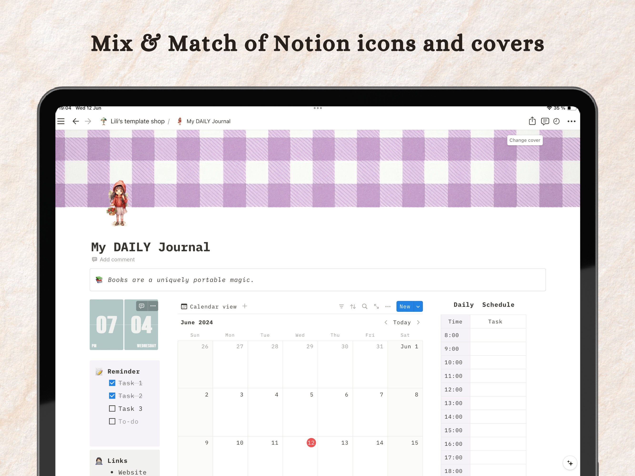 Girls With Fruity Baskets Themed Notion Icons gingham Notion Covers for ...
