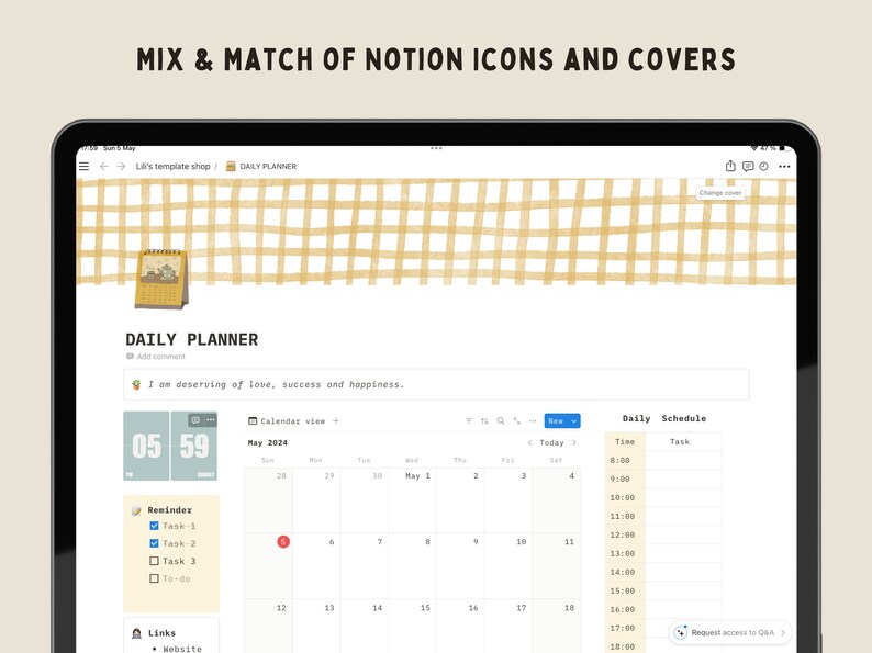 Hand Drawn Calendar Themed Notion Icons | Watercolor Checker Notion ...