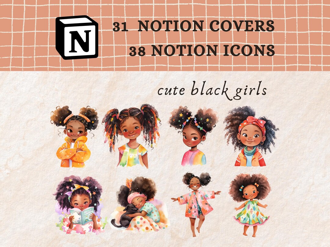 Cute Black Girls Notion Icons | Pastel Grid Notion Covers｜black Girl ...