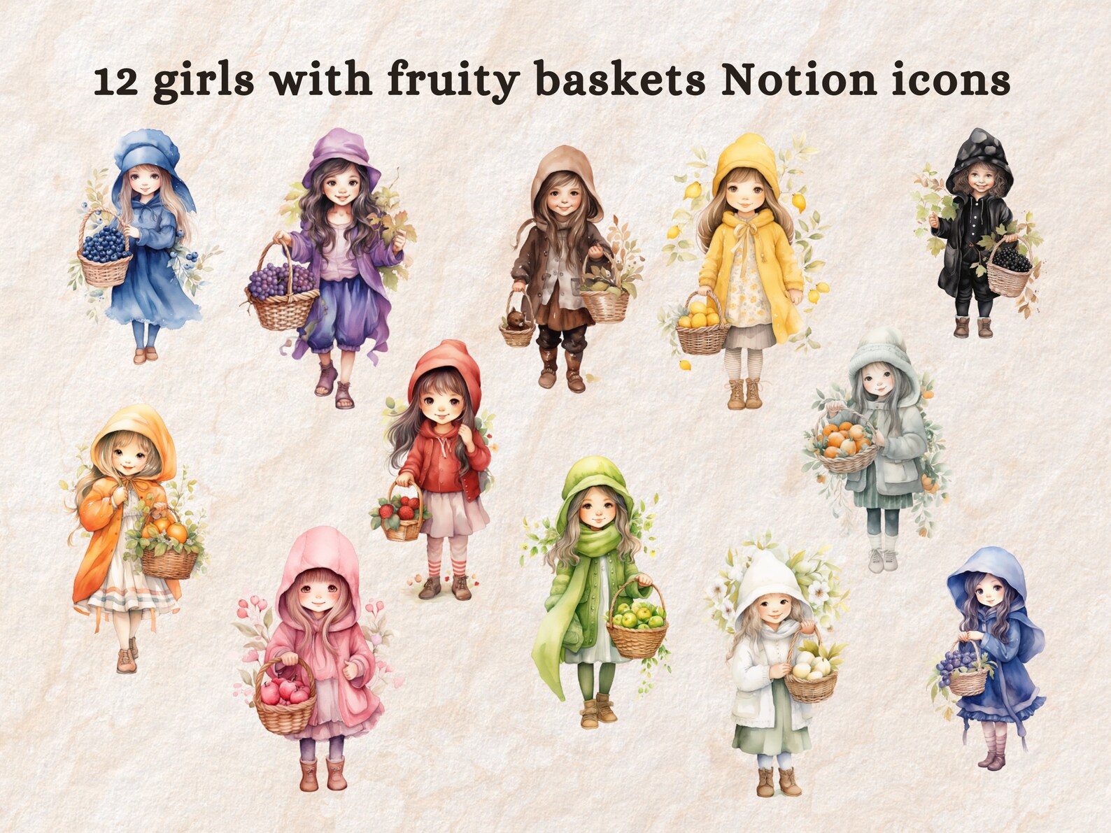 Girls With Fruity Baskets Themed Notion Icons ｜gingham Notion Covers ...
