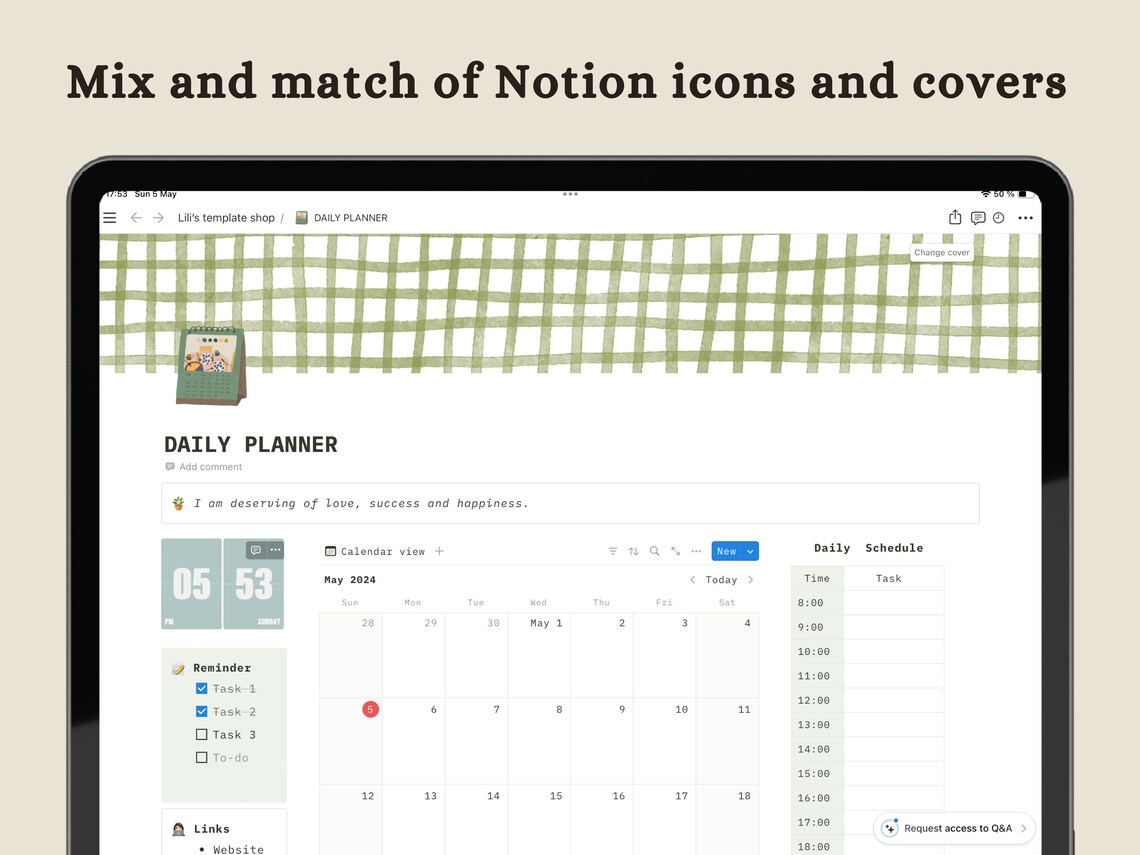 Hand Drawn Calendar Themed Notion Icons | Watercolor Checker Notion ...