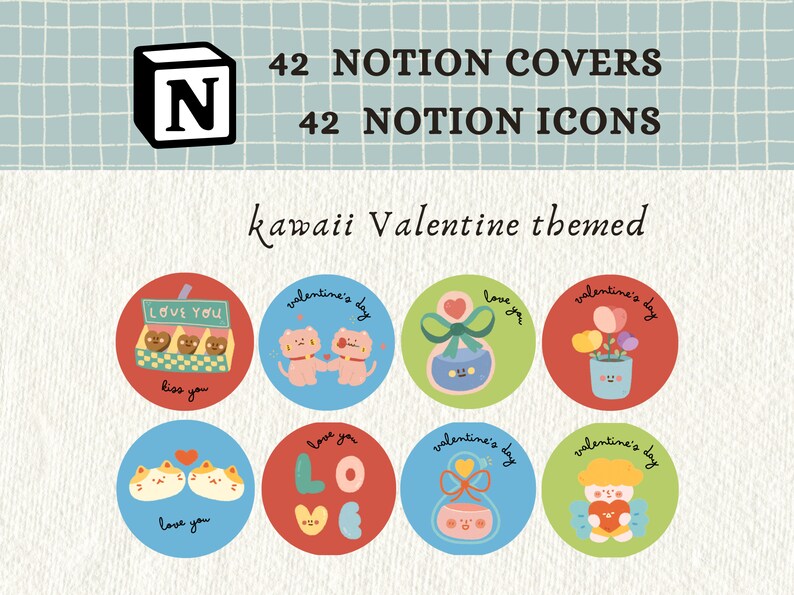 Kawaii Valentine Themed Notion Icons | Checker Notion Covers｜aesthetic ...