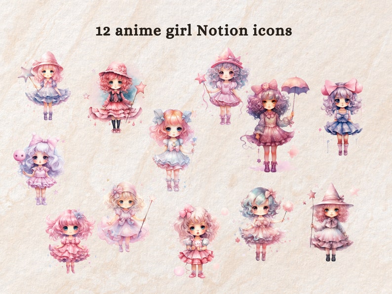 Cute Anime Girl Notion Icons for Notion Templates｜ 56 Watercolor and ...