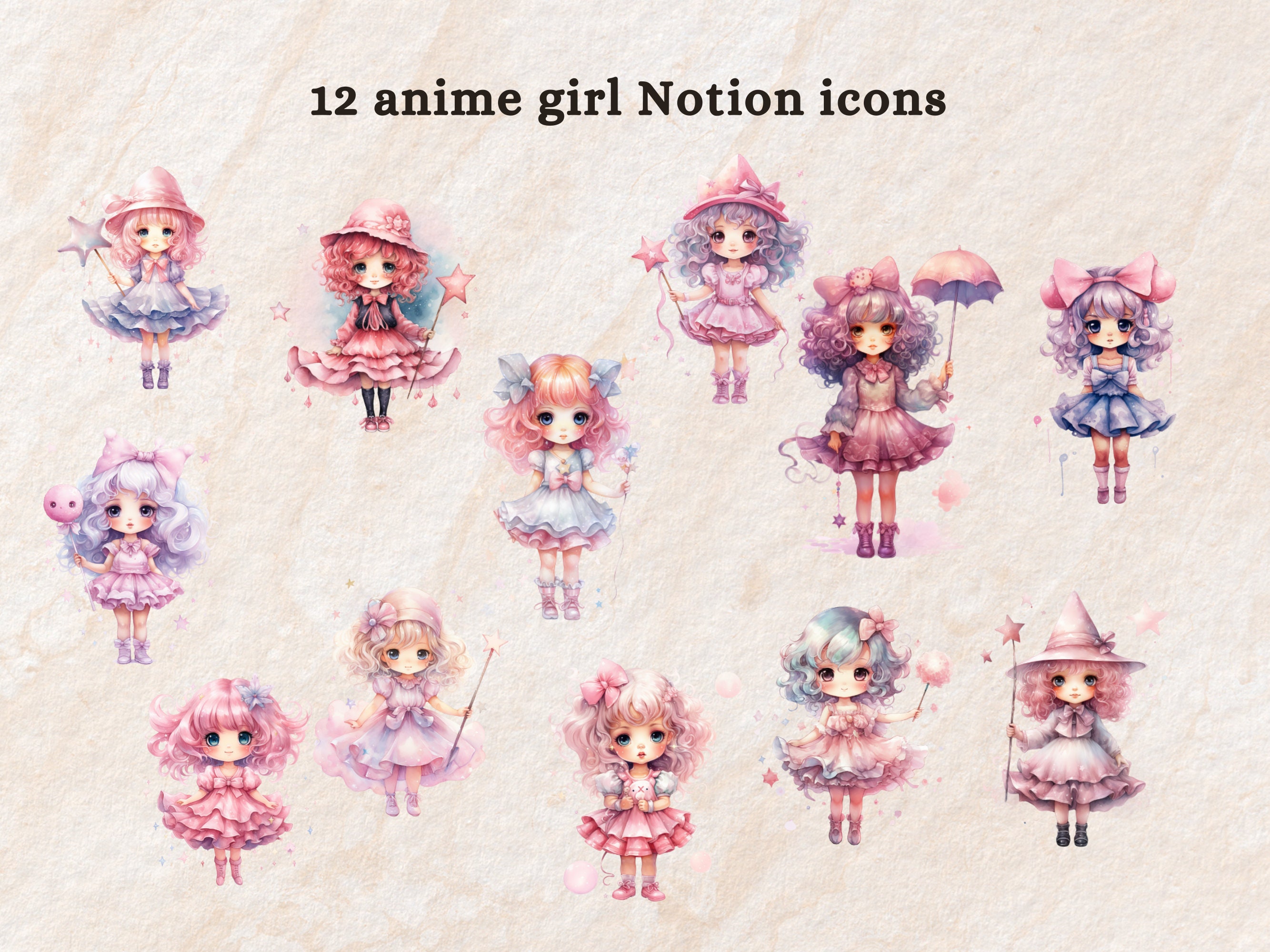 Cute Anime Girl Notion Icons for Notion Templates 56 Watercolor and ...