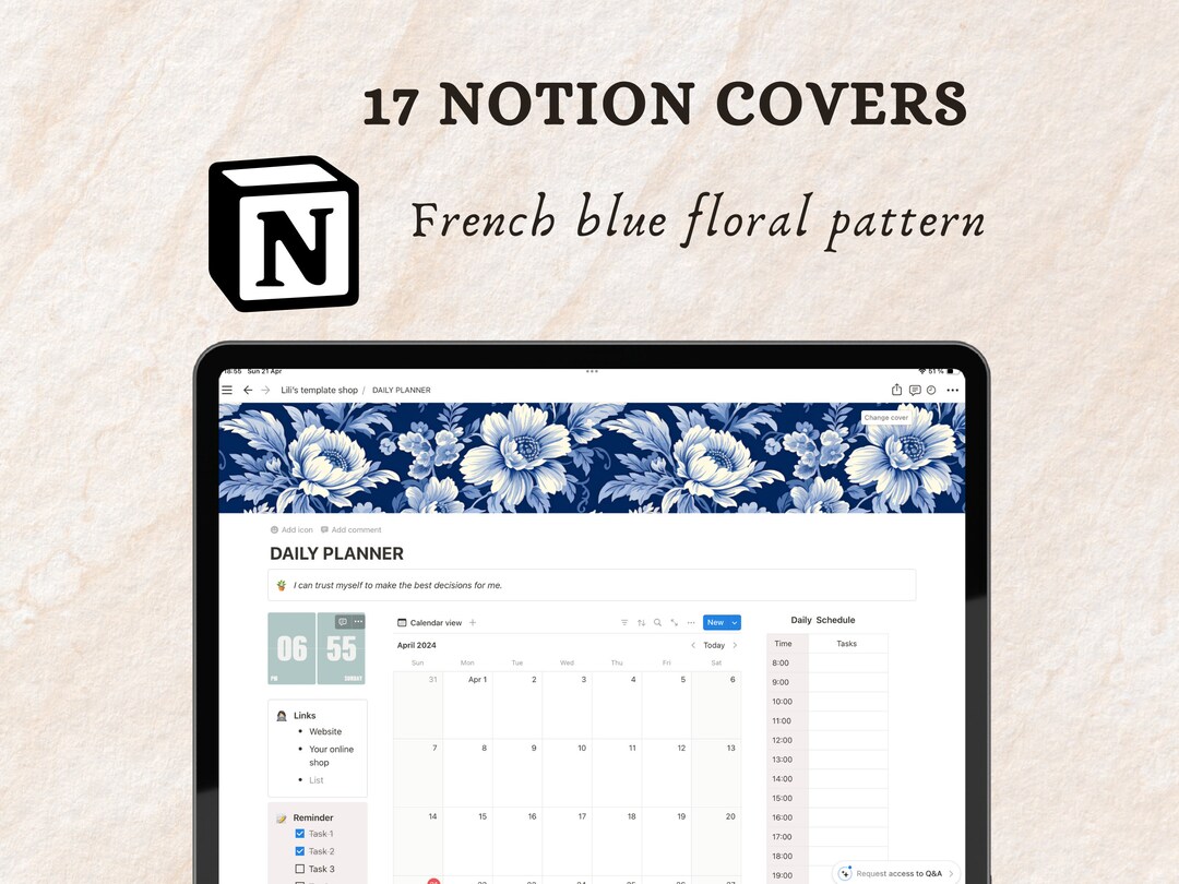 French Blue Floral Pattern Notion Covers for Notion Templates ...