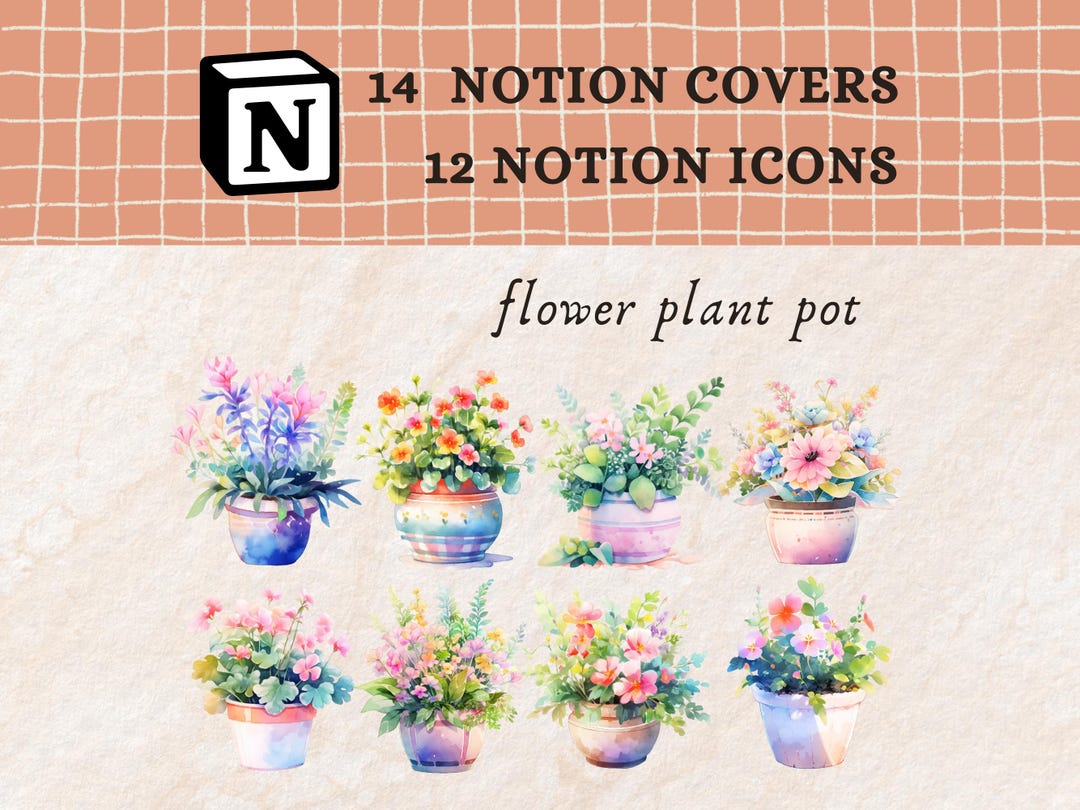 Watercolor Flower Plant Pot Notion Icons | Pastel Pink Watercolor ...