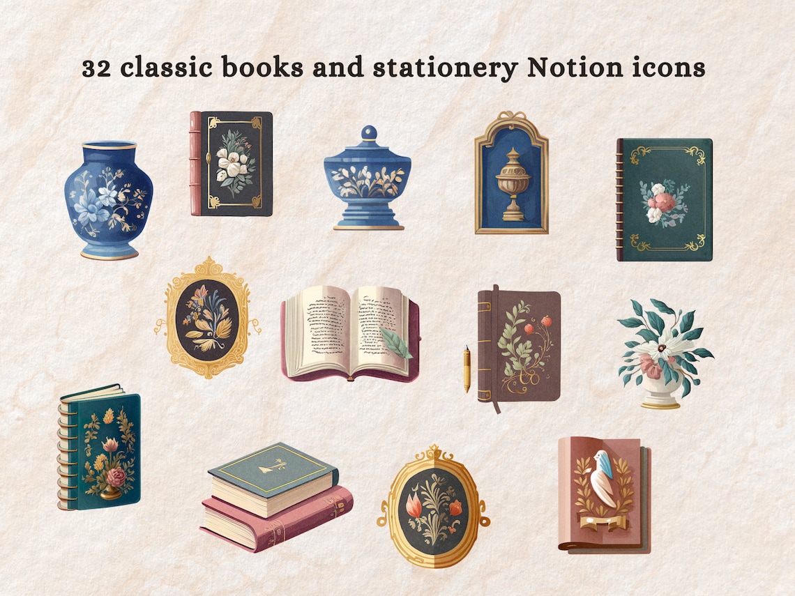Notion Icons for Reading Tracker Classic Book and Stationery Themed ...