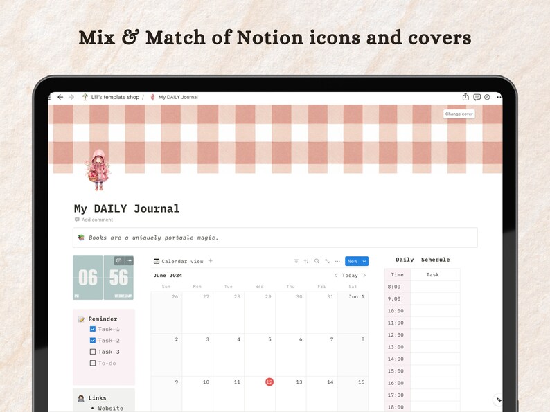 Girls With Fruity Baskets Themed Notion Icons ｜gingham Notion Covers ...