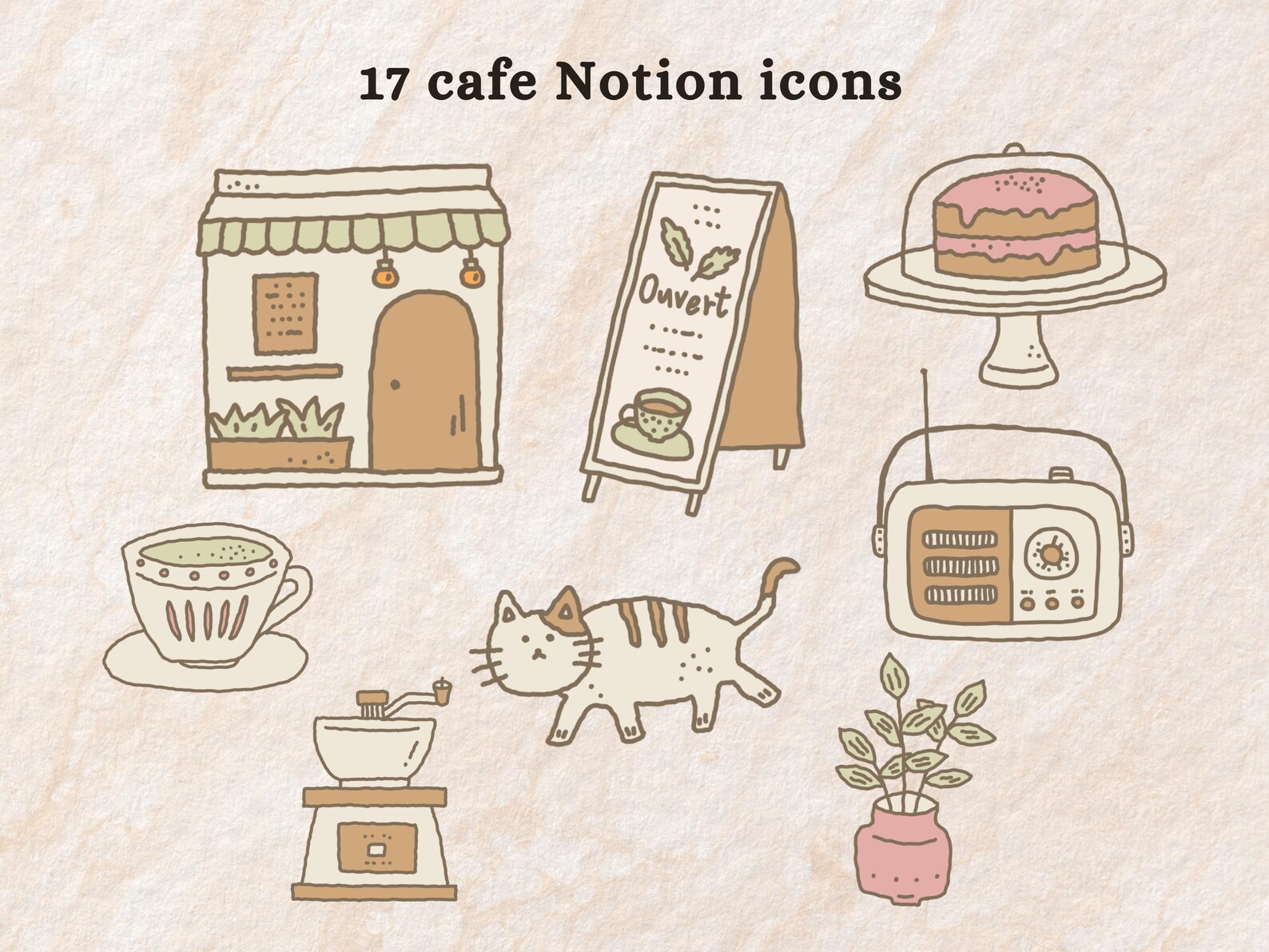 Hand Drawn Cafe Themed Notion Icons | Earthy Color Notion Covers Pack ...