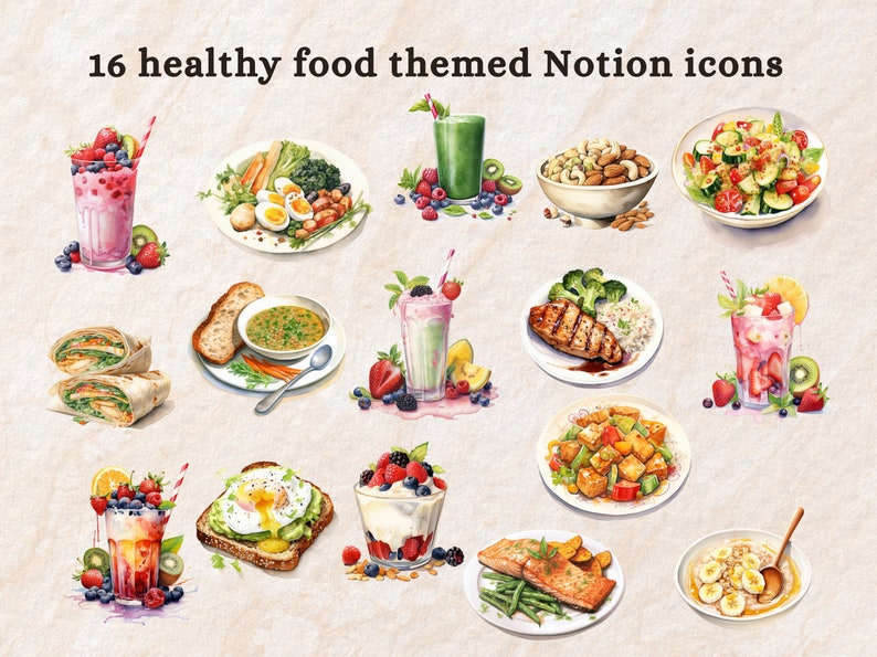 Healthy Food Themed Notion Icons | Watercolor Checker Notion Covers ...