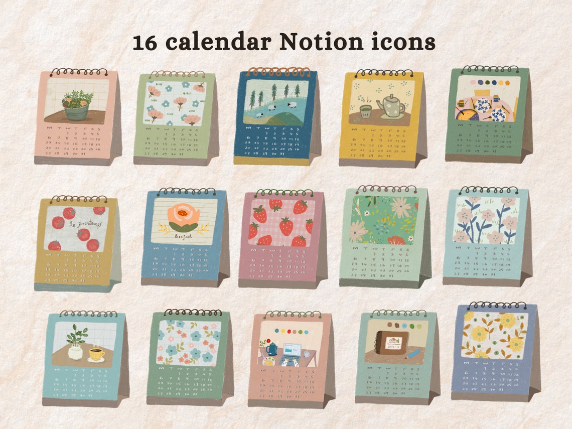 Hand Drawn Calendar Themed Notion Icons Watercolor Checker Notion ...