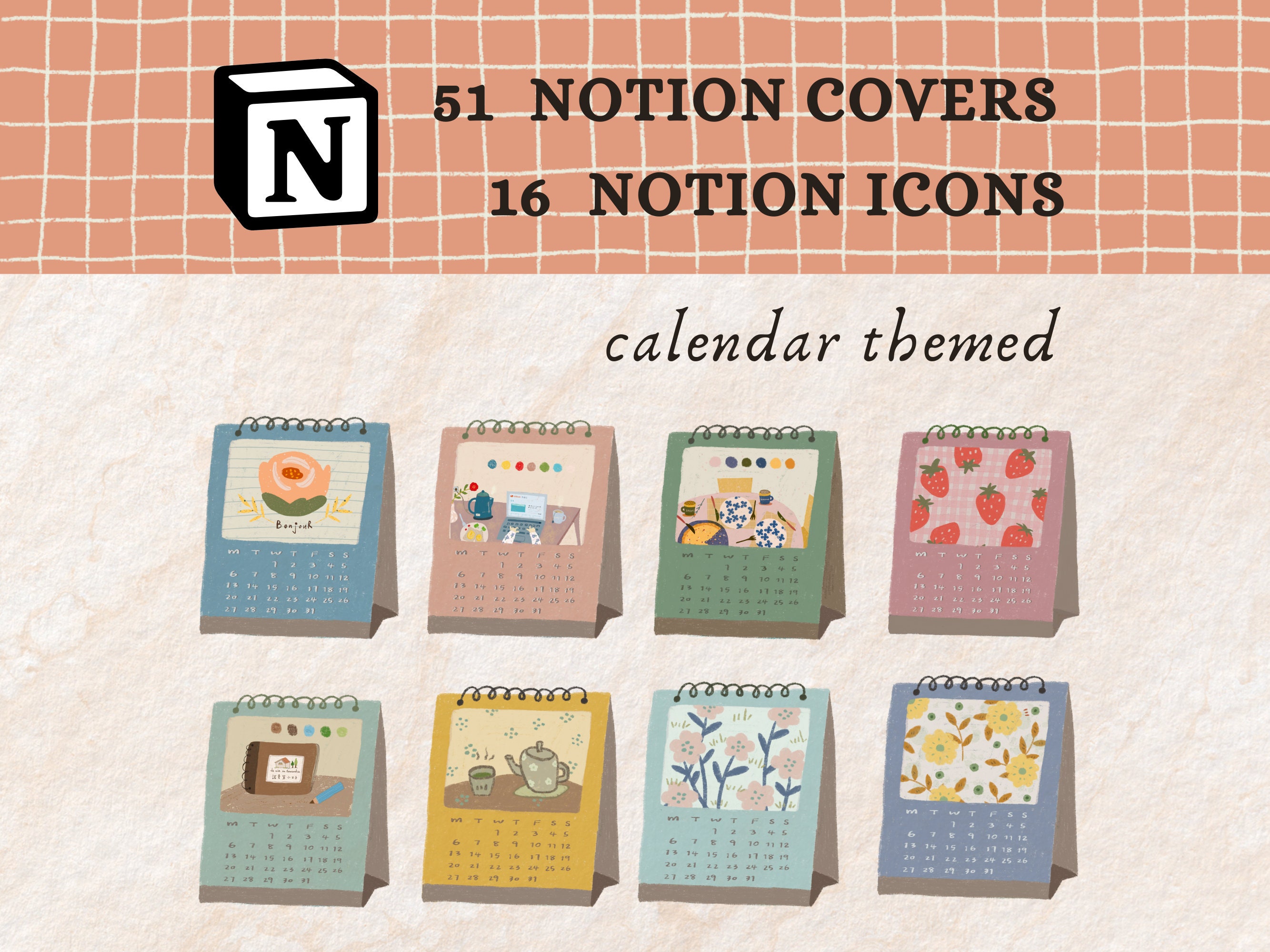 Hand Drawn Calendar Themed Notion Icons Watercolor Checker Notion ...